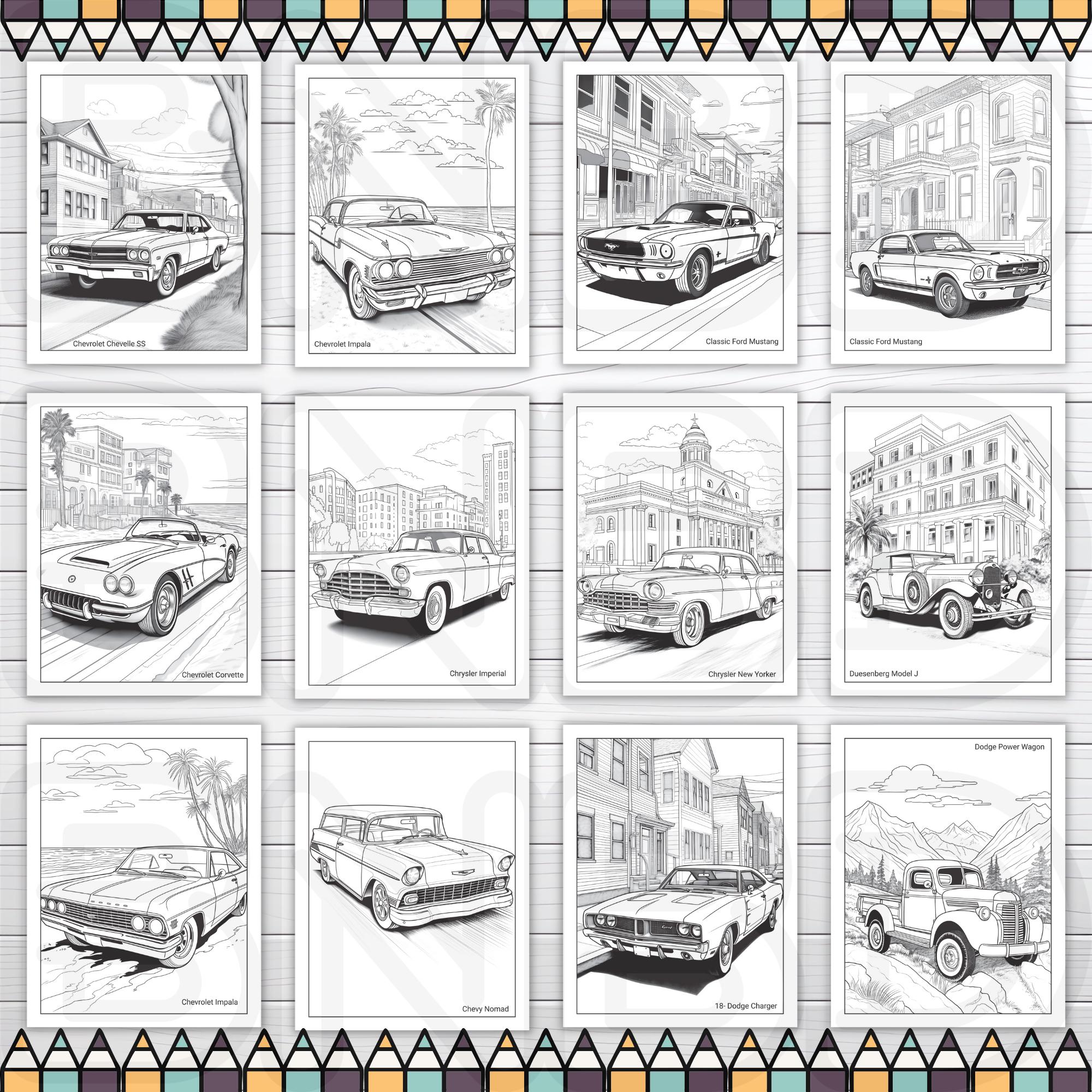 40 Vintage Cars Coloring Pages, Shaded and Grayscale, Classic Cars and ...
