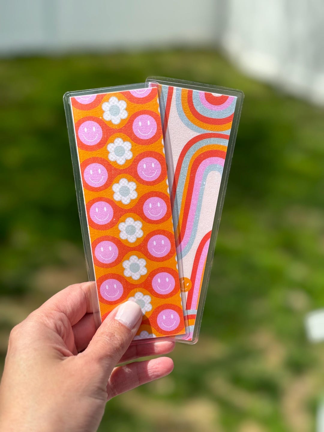 Retro Smiley Face & Rainbow Wave Reversible Laminated Bookmark ...