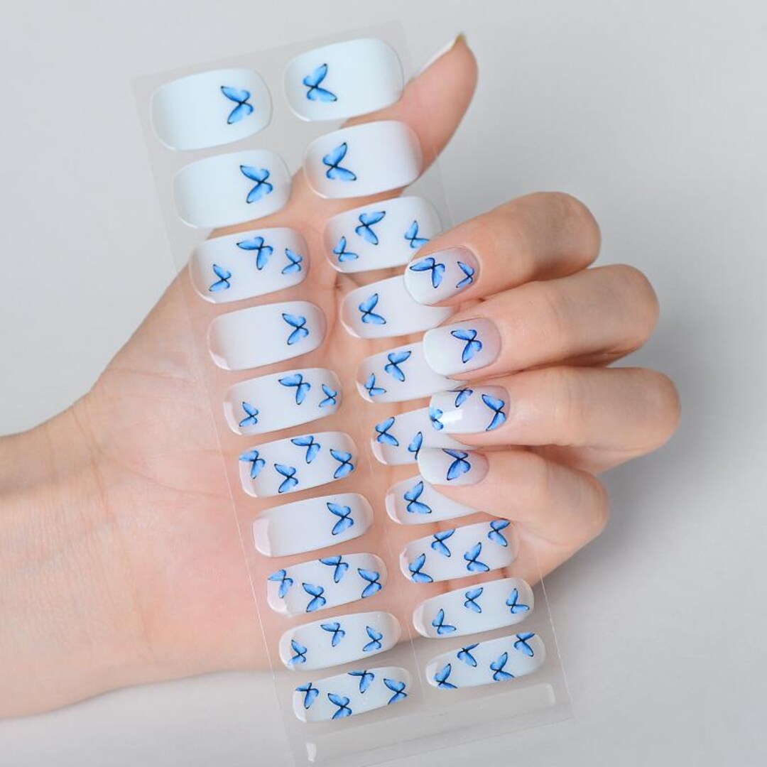 Blue Butterfly Gel Fall Nail Wraps| Semi-cured Gel Nail Strips ...