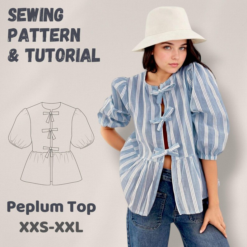Puffed Sleeve Peplum Top Sewing Pattern Digital Download Blouse Pattern ...