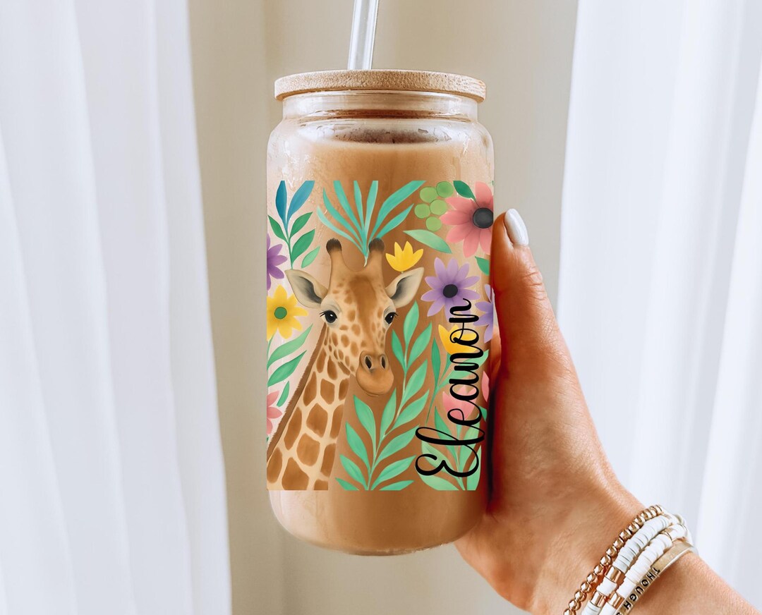 Personalized Giraffe Floral Glass Tumbler With Straw, Custom Iced ...