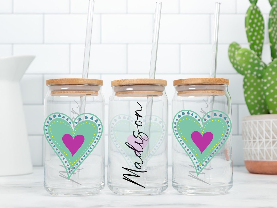 Personalized Iced Coffee Cup With Purple Teal Heart, Can Glass With Lid ...