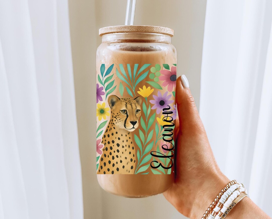 Personalized Cheetah Floral Glass Tumbler With Straw, Custom Iced ...