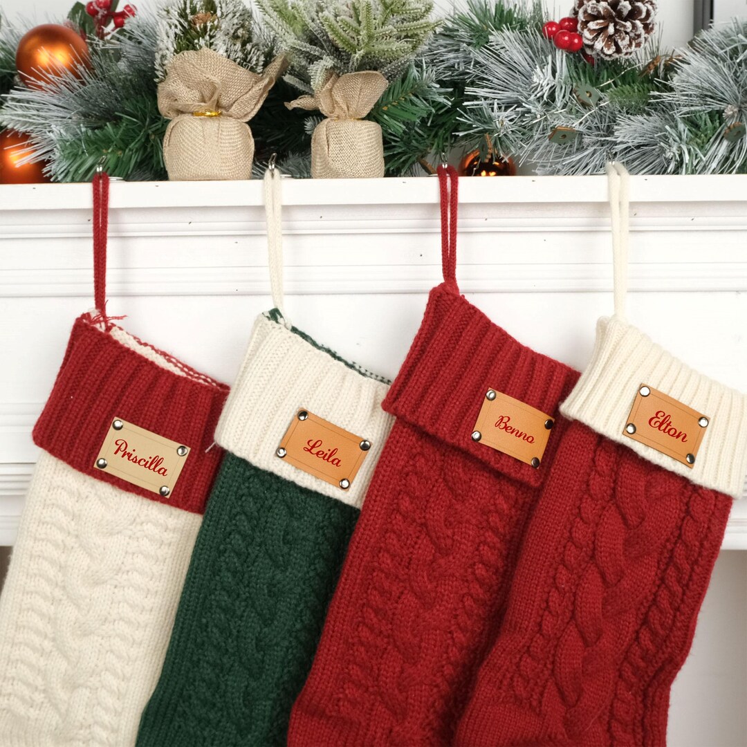 Personalized Leather Patch Stockings, Knitted Family Christmas ...
