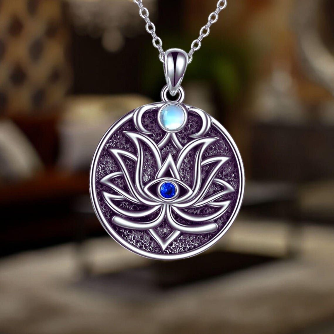 Lotus Evil Eye Necklace 925 Sterling Silver Wiccan Triple Moon Goddess ...