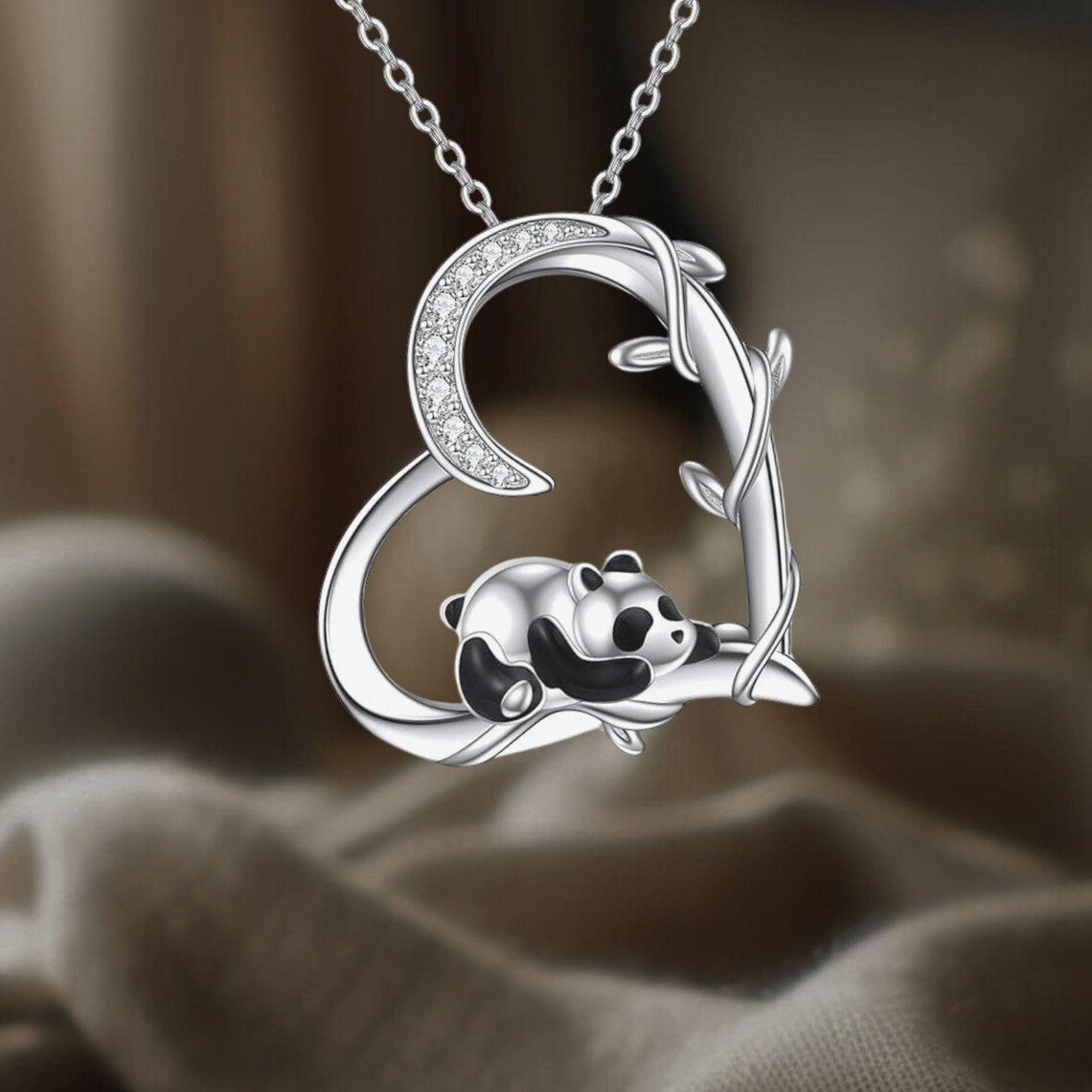 Cute Panda Bear Necklace 925 Sterling Silver Love Heart Pendant Panda ...