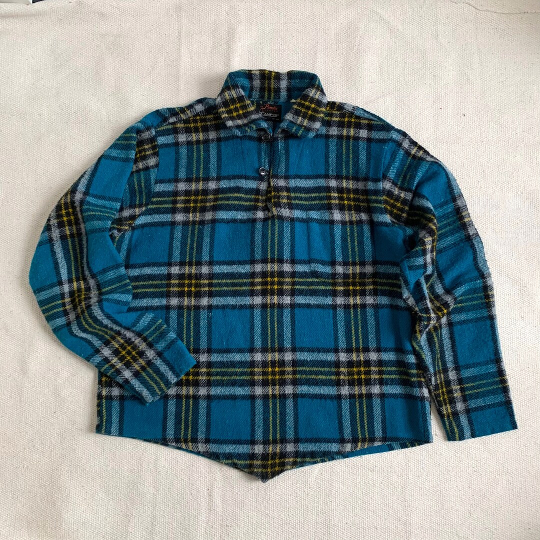 Vintage 1960s Mens Flannel Shirt Jacket, Poncho Pullover by Campus ...