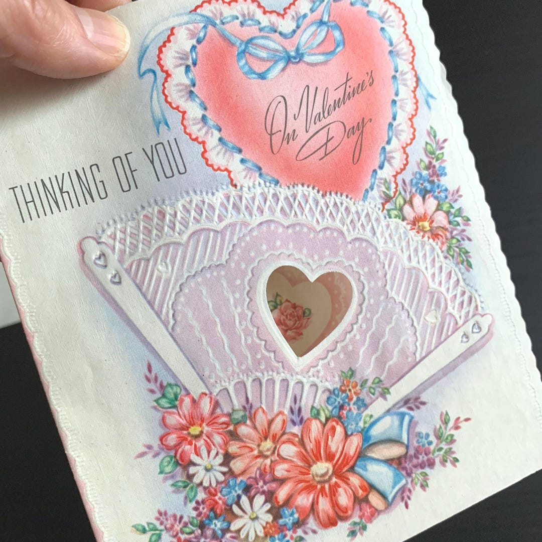 1940s Peek-a-boo Heart Valentine Card - Unused With Envelope, "thinking ...
