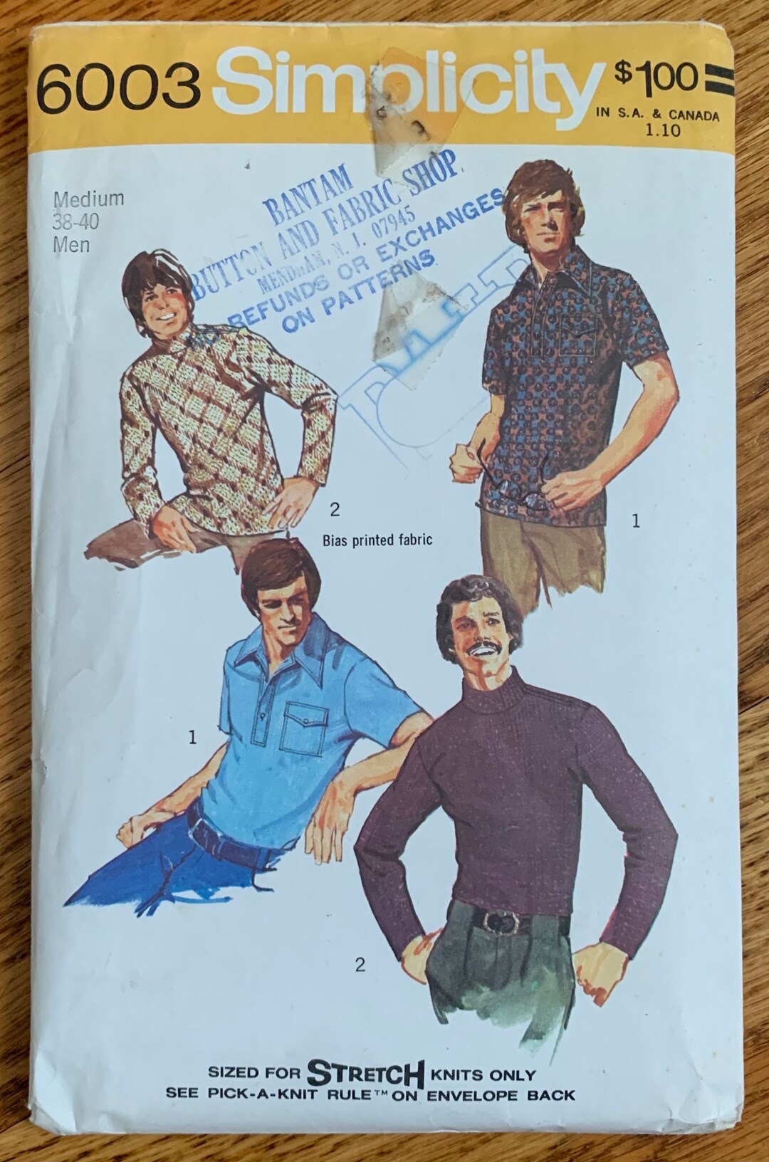 Vintage 70s Men's Stretch Knit Shirt & Turtleneck Sewing Pattern ...