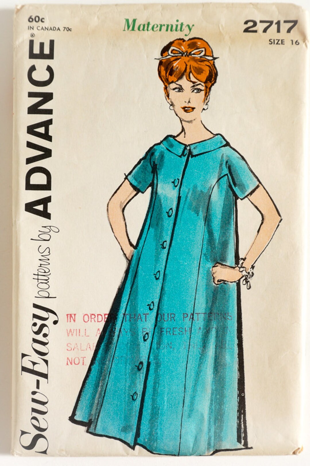 Vintage 1960s Sewing Pattern, B36" Maternity Dress, Midi Length Button ...
