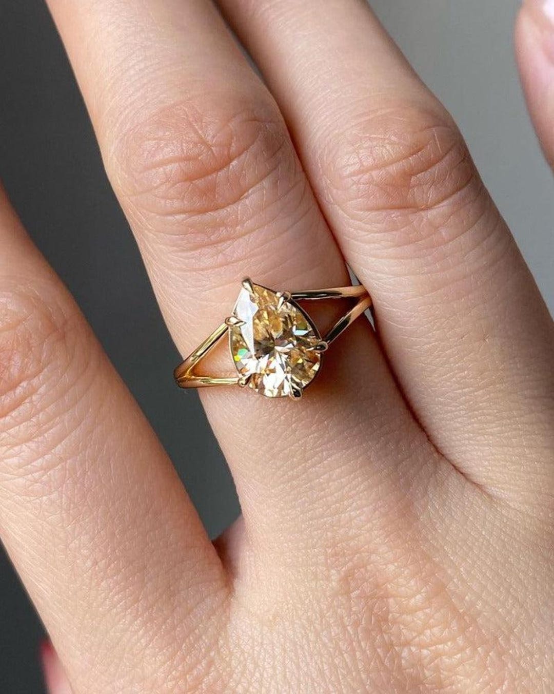 2 CT Fancy Yellow Pear Engagement Ring in 14K Solid Gold Ring Split ...