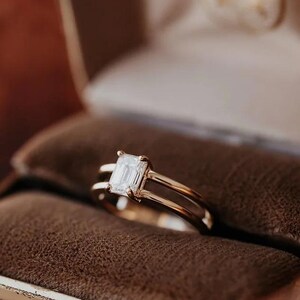 Emerald Cut Moissanite Engagement Ring, Emerald Cut Double Band Ring ...