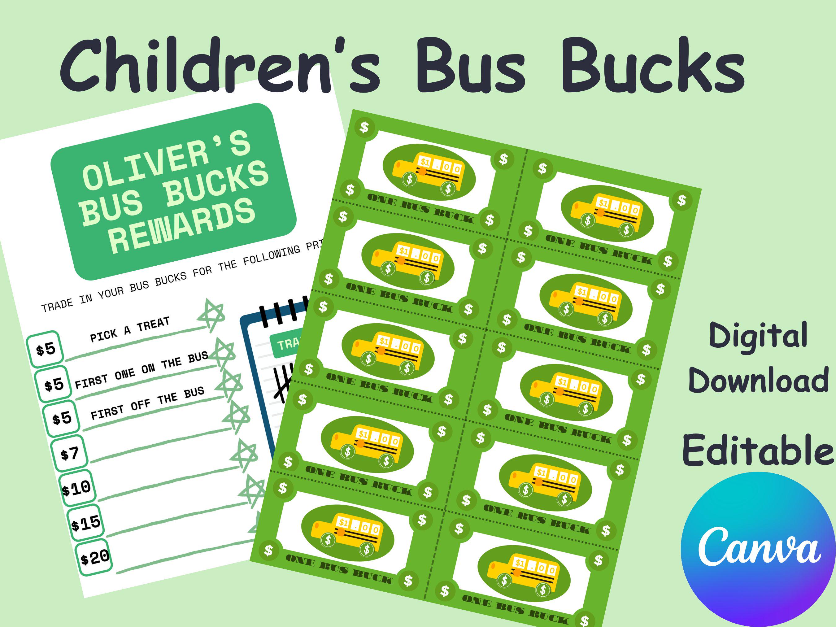 Bus Bucks Printable Reward System for Bus Drivers, Printable Bus Reward ...
