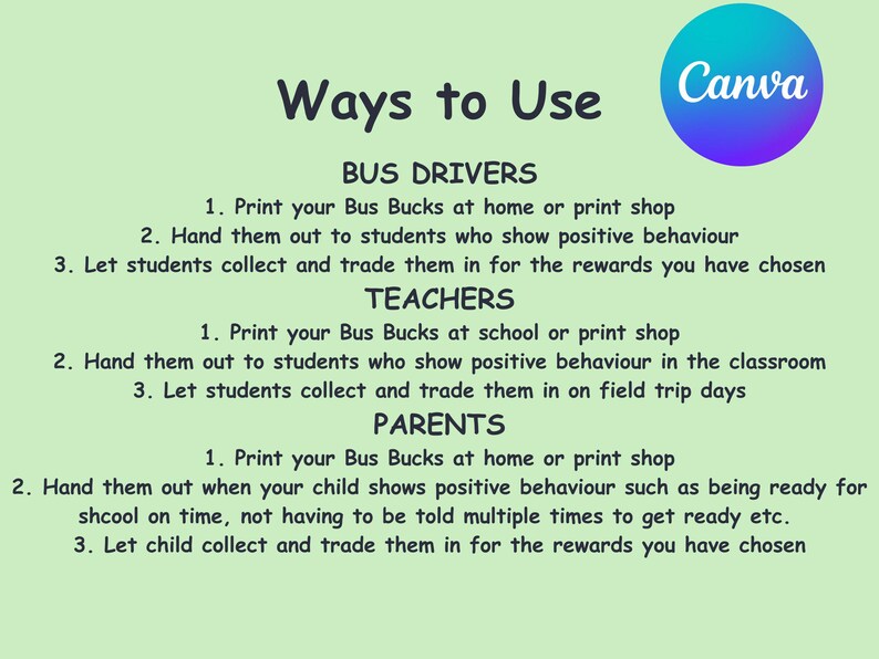 Bus Bucks Printable Reward System for Bus Drivers, Printable Bus Reward ...