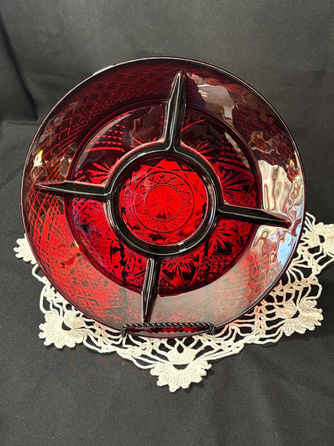 Vintage French Ruby Red Divided Glass Relish Dish | France Mid Century ...