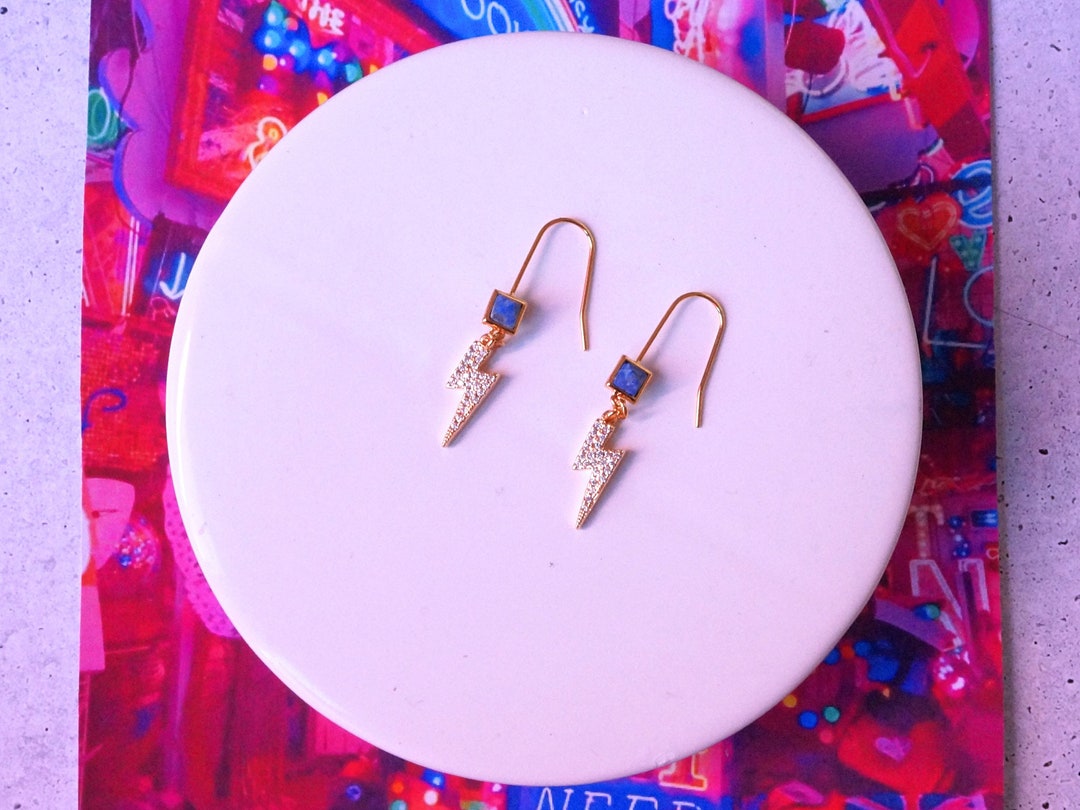 Gold Plated Lightning Bolt Flash Earrings With Lapis Glass and CZ Pave ...