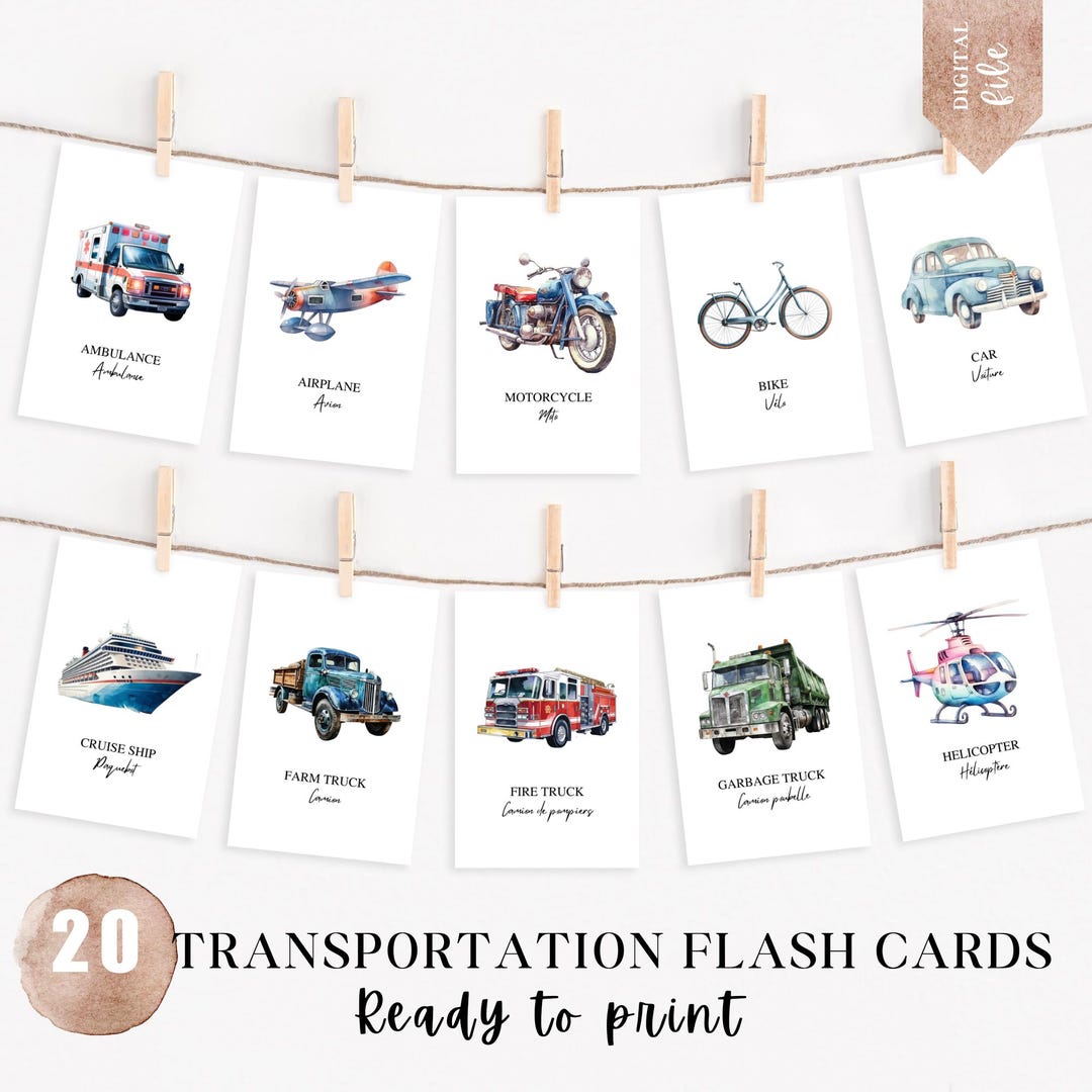 Transportation Flash Cards set of 20 Transportation Vehicles Flashcards ...