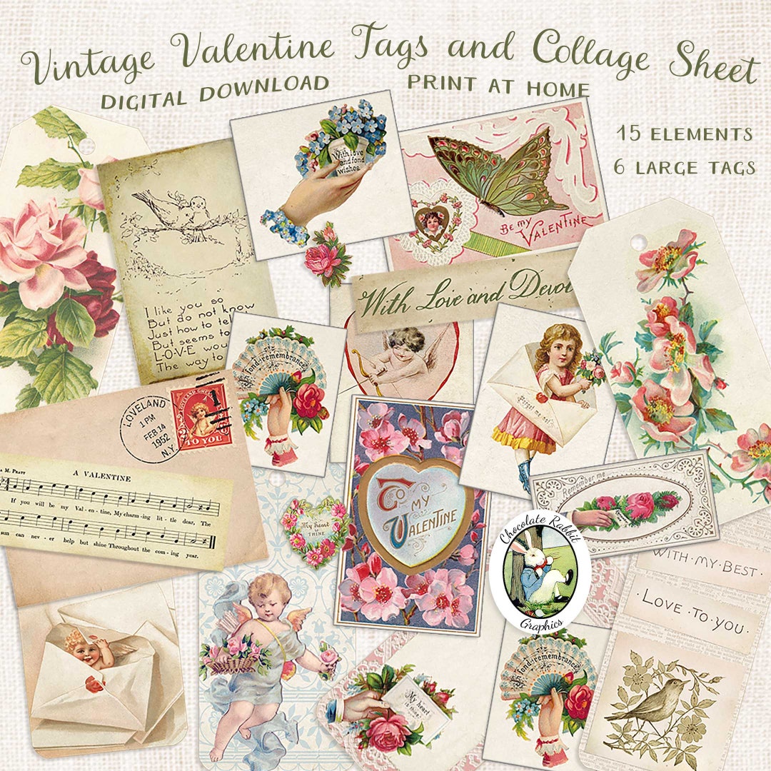 Valentine Junk Journal Ephemera, Printable Shabby Tags and Clip Art ...