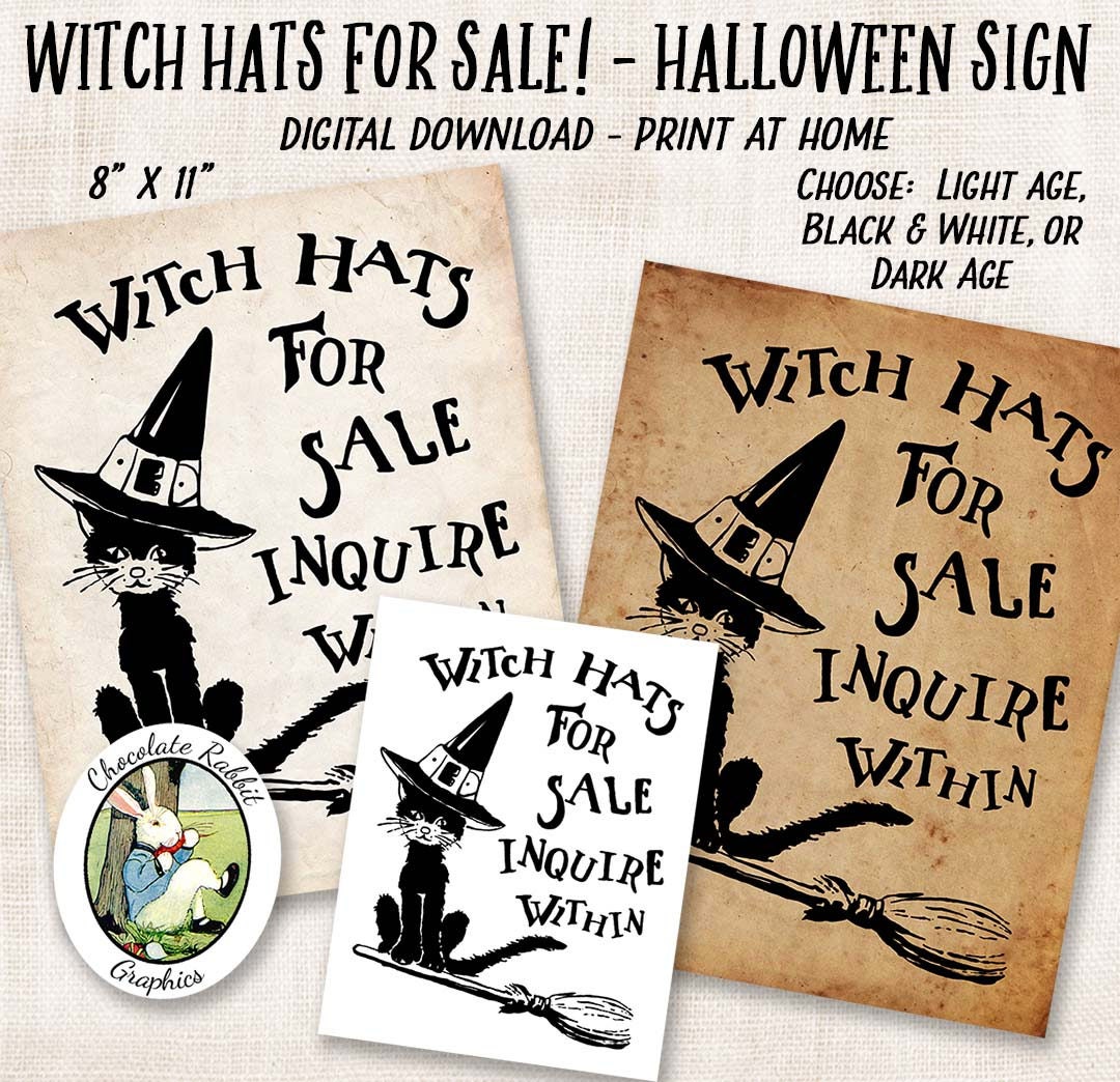 Vintage Halloween Witch Hat Sign: Black Cat Clipart (digital Download ...