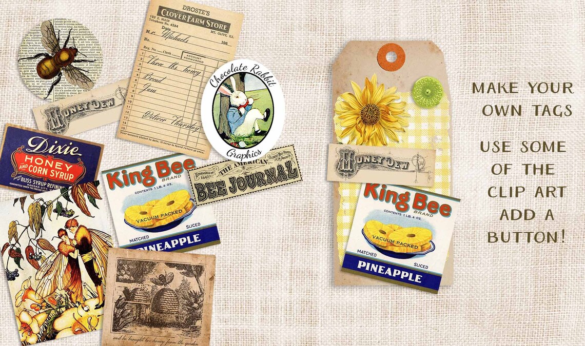 Vintage Bee Tag Kit Digital Junk Journal Ephemera Printable | Etsy