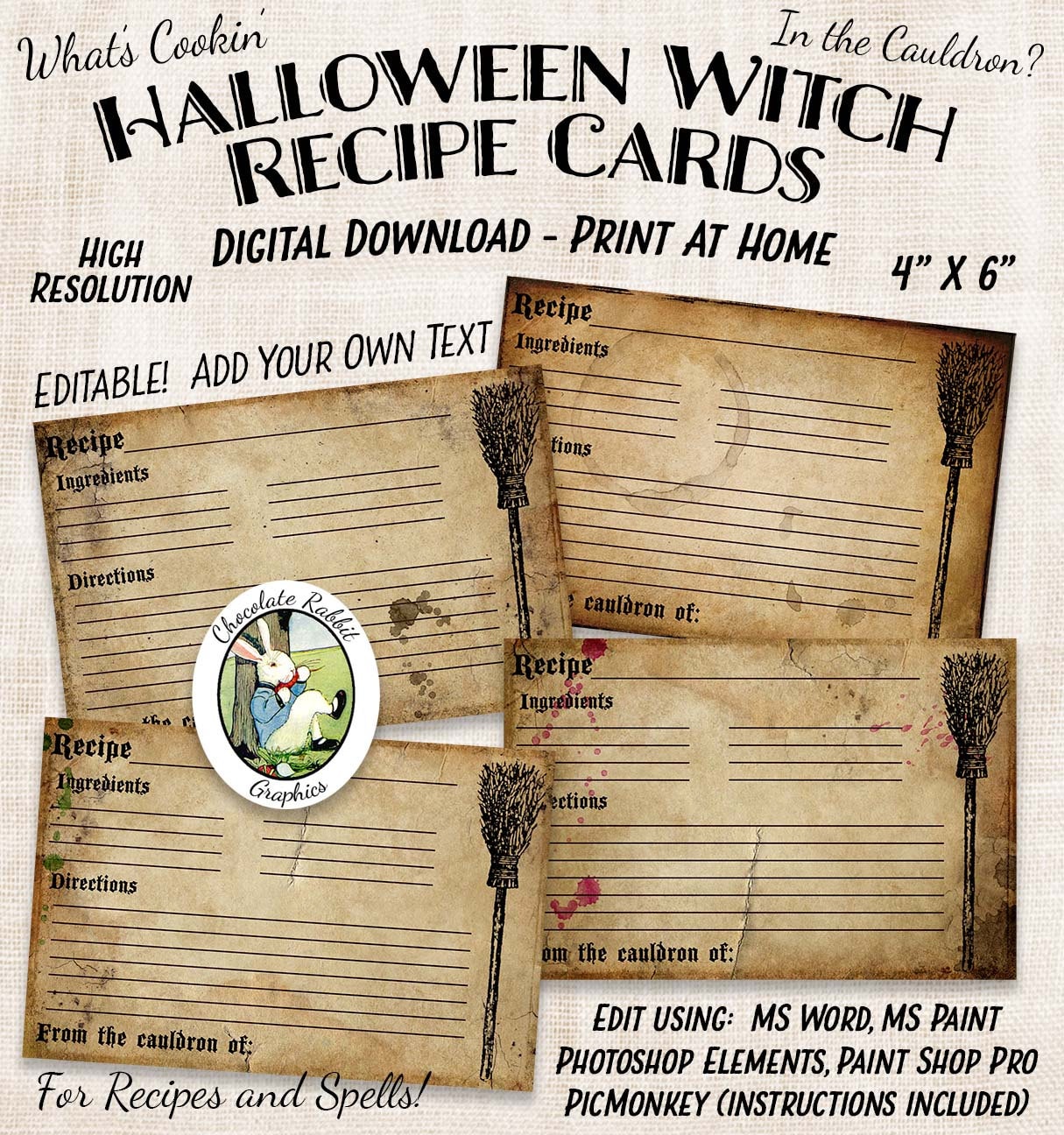 Witch Halloween Recipe Cards Blank Editable Digital Download - Etsy