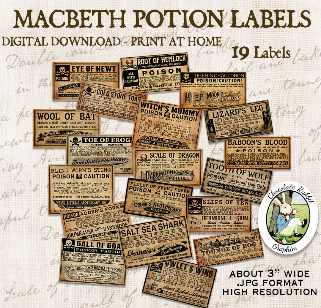 Macbeth Halloween Potion Bottle Labels, Digital Witch Ephemera ...
