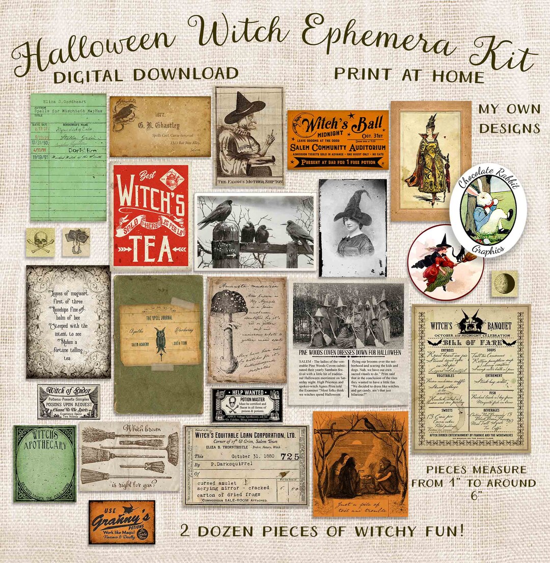 Halloween Witch Ephemera Kit, Junk Journal Digital Download, Vintage ...