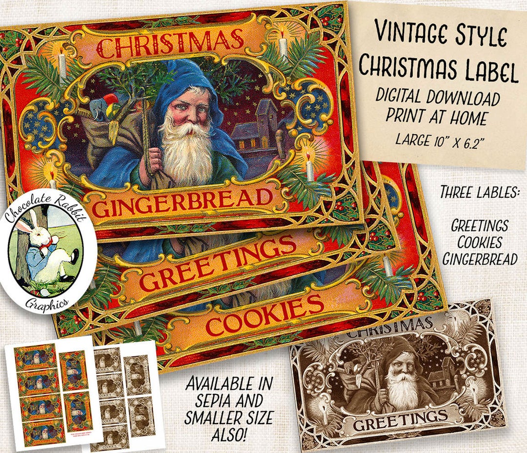 Christmas Cookie Labels, Digital Gingerbread Santa Tags, Vintage Style ...