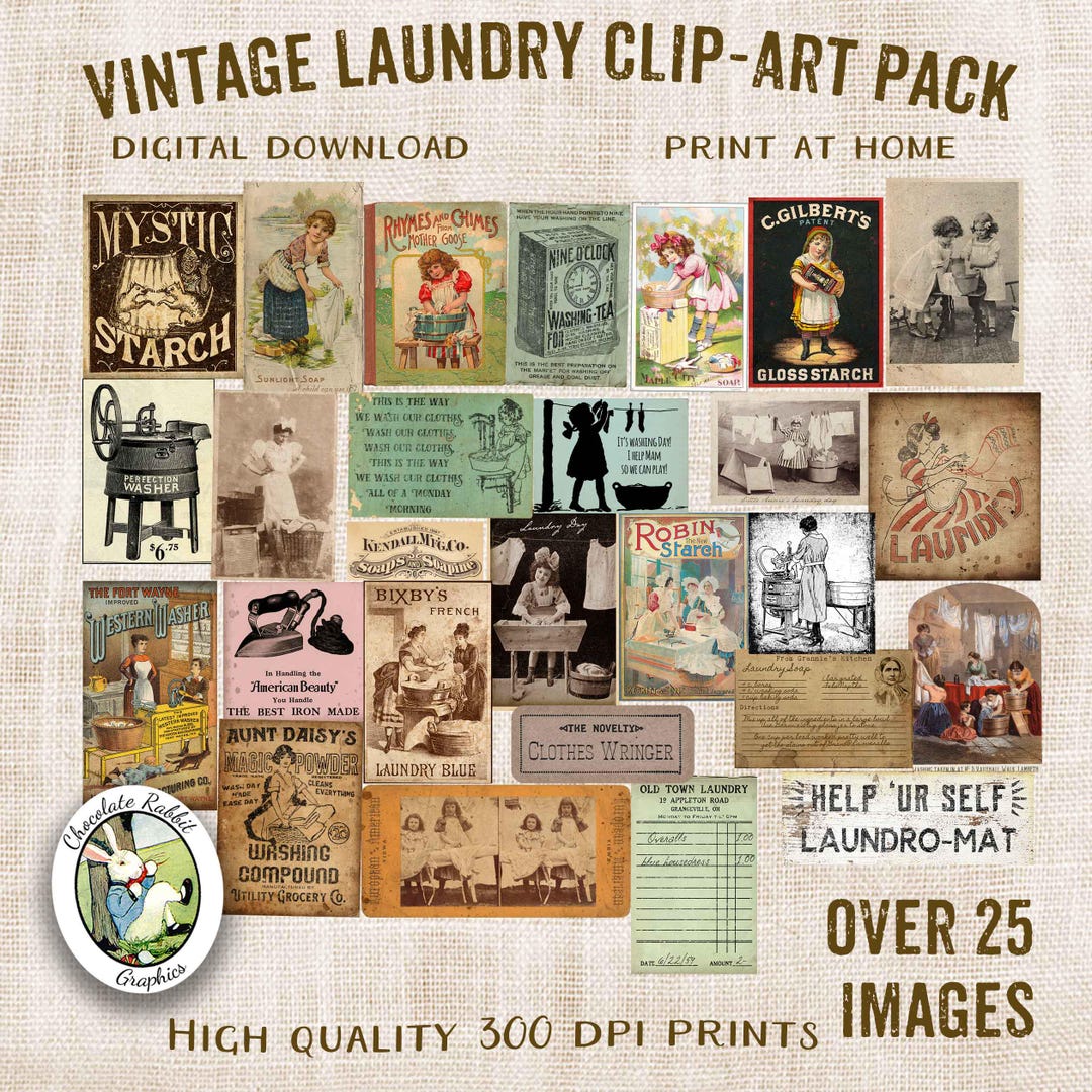 Vintage Laundry Clip Art, Primitive Digital Download, Printable ...