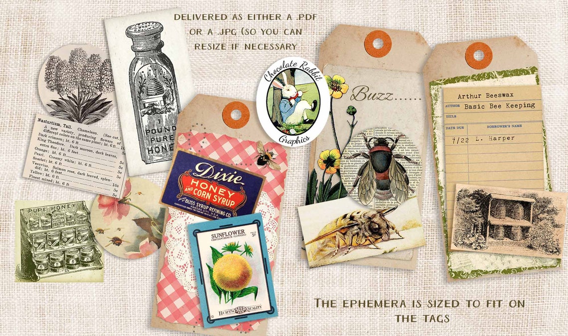 Vintage Bee Tag Kit Digital Junk Journal Ephemera Printable | Etsy