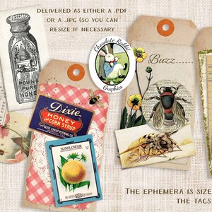Vintage Bee Tag Kit, Digital Junk Journal Ephemera, Printable Bee and ...