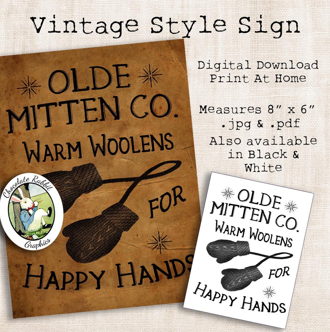 Vintage Mitten Sign Printable: Country Style Clip Art (digital Download ...