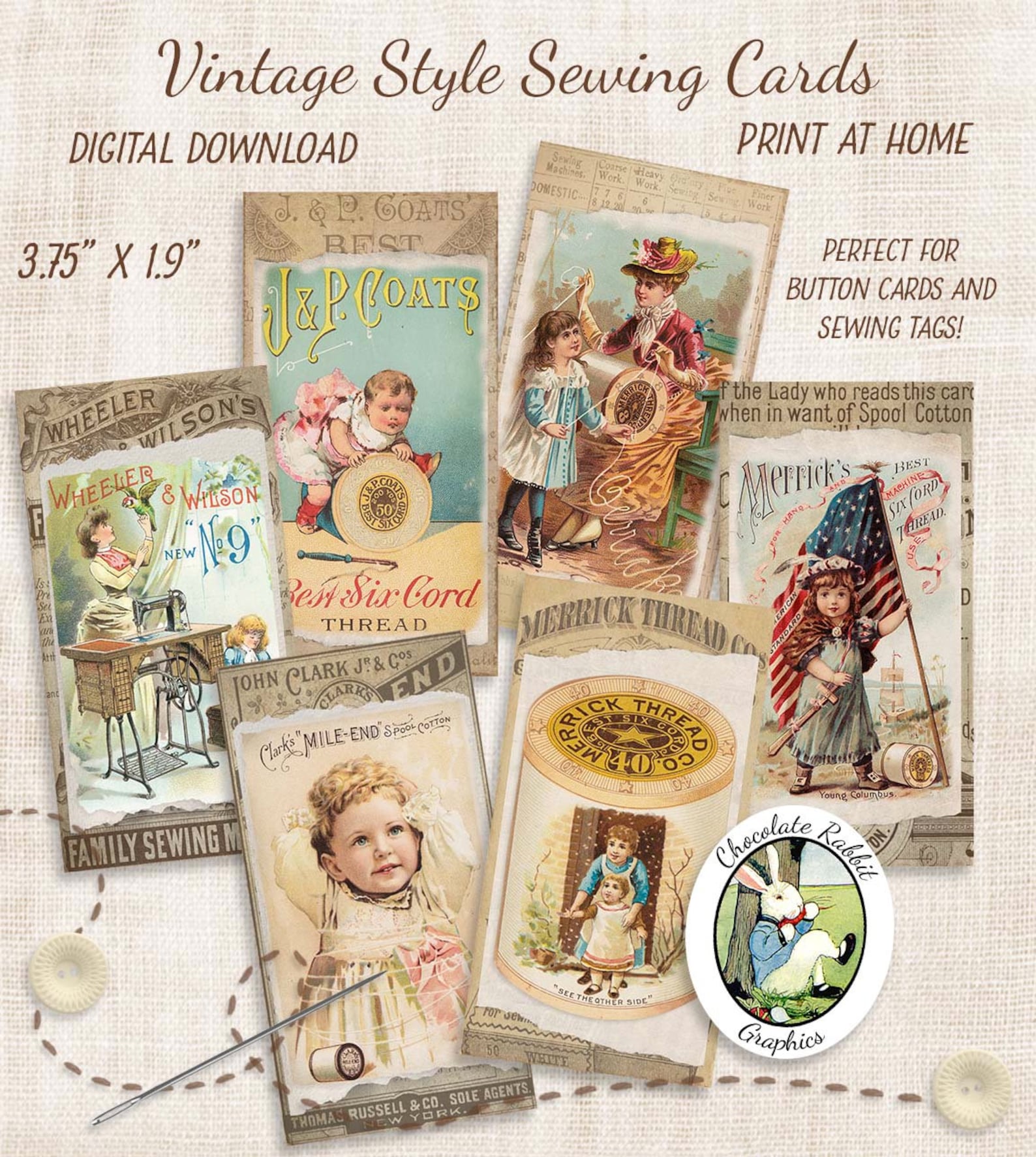 Vintage Style Sewing Cards Printable Button Cards Digital | Etsy