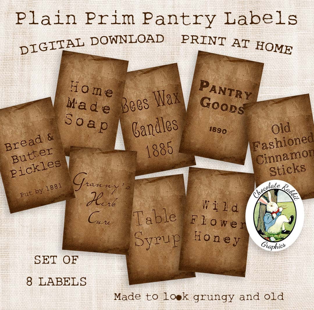 Plain Primitive Pantry Labels, Printable Country Style Tags, Digital ...