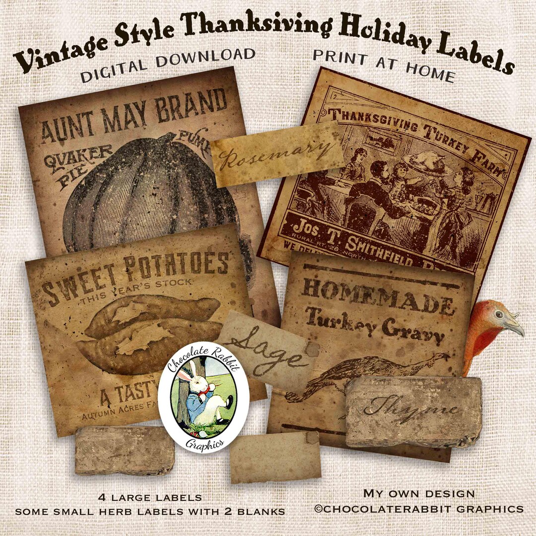 Primitive Thanksgiving Labels, Holiday Pantry Prints, Vintage Style ...