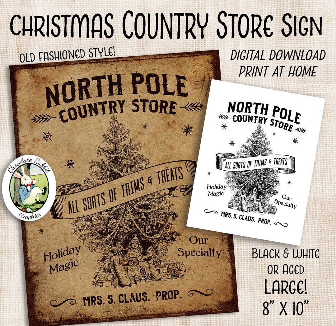 Christmas Country Store Sign, Digital Primitive Tree, Vintage Prim ...