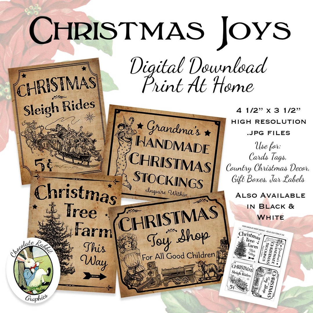 Country Christmas Printables, Digital Holiday Signs, Vintage Style ...