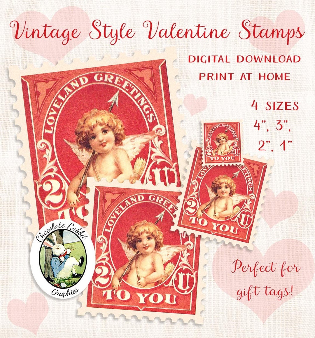 Vintage Cupid Digital Love Stamps, Printable Hearts, Digital Valentine ...