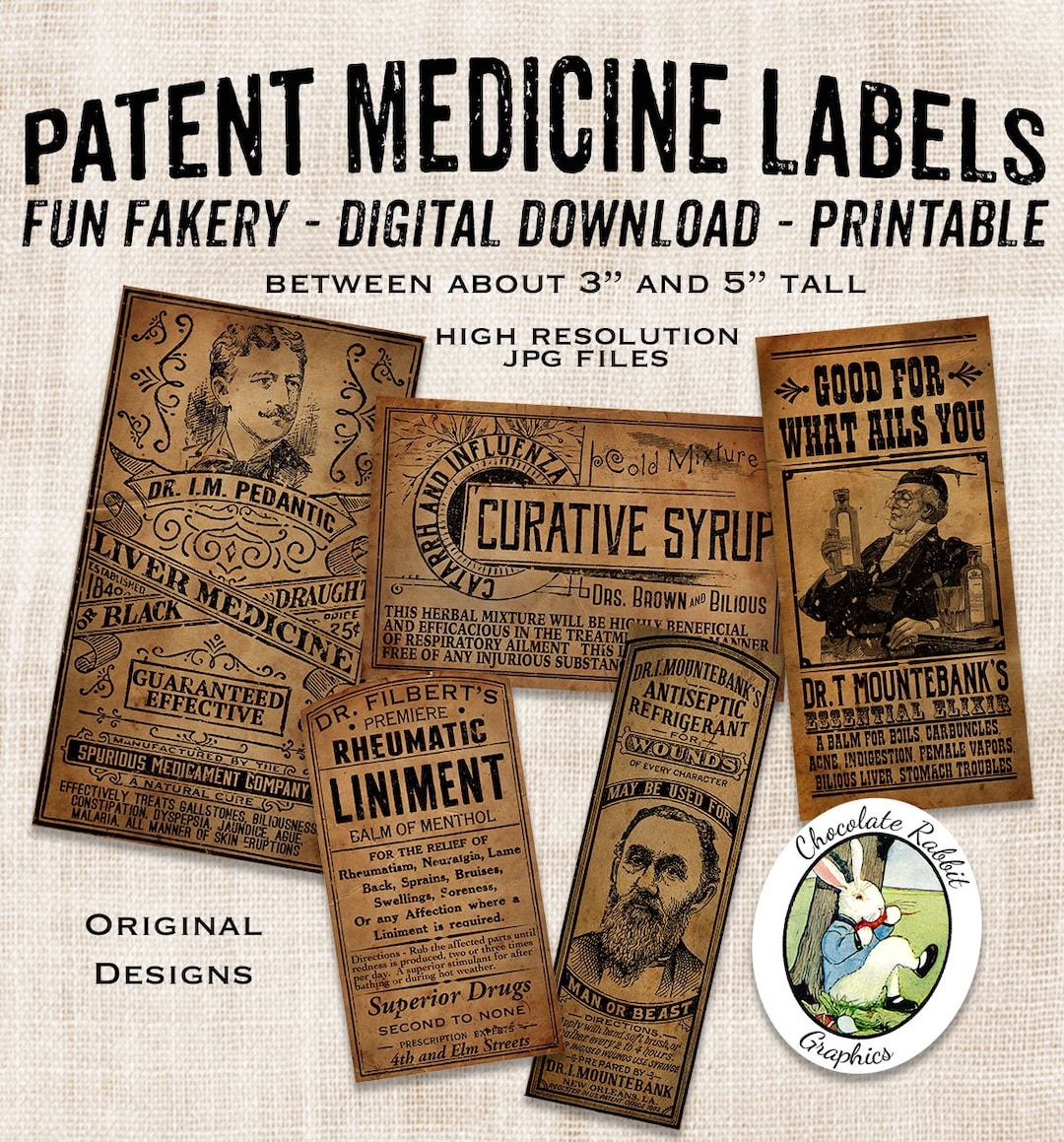 Quack Medicine Apothecary Bottle Labels, Digital Country Primitive ...