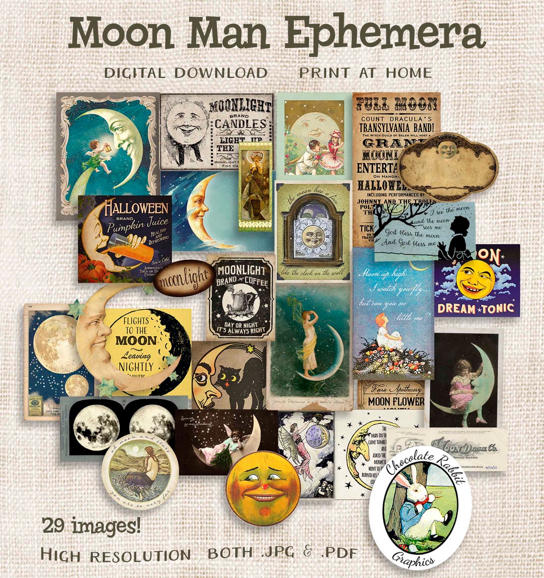 Moon Clip Art for Junk Journals, Ephemera Digital Download, Vintage ...