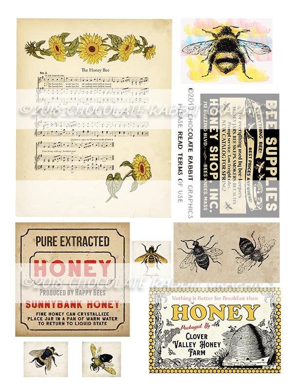 Vintage Bee Collage Sheet, Digital Junk Journal Ephemera, Honey Labels ...