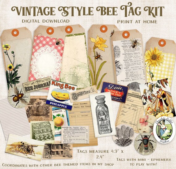 Vintage Bee Tag Kit Gift Tags Printable Bee and Honey Clip Art Digital ...