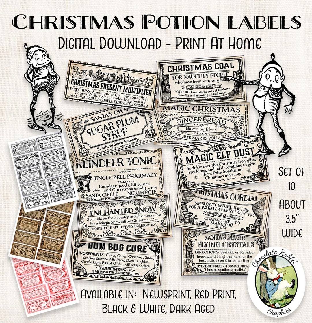 Christmas Potion Bottle Labels: Vintage Apothecary Graphics (digital ...
