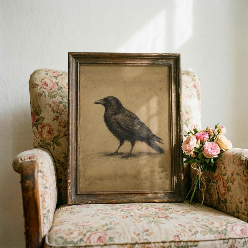 Vintage Crow Sketch Wall Art | Gothic Raven Print | Dark Cottagecore ...