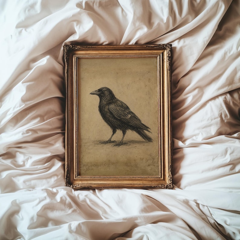 Vintage Crow Sketch Wall Art | Gothic Raven Print | Dark Cottagecore ...