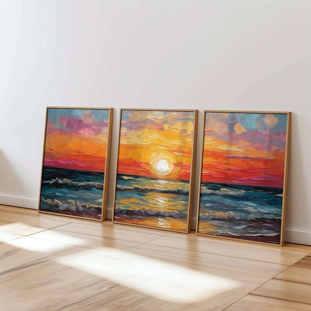 Sunset on the Beach Wall Art 3 Piece Set - Impressionist Oil Painting ...