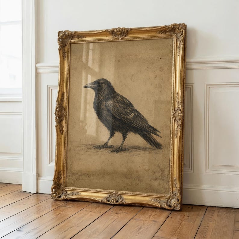Vintage Crow Sketch Wall Art | Gothic Raven Print | Dark Cottagecore ...