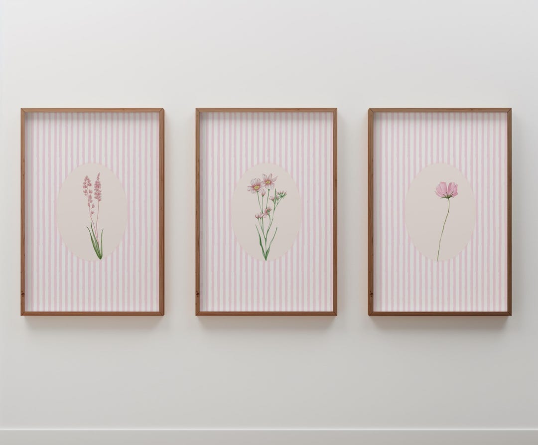 Pink Stripes and Wildflowers Poster Set of 3 | Vintage Pink Stripes ...