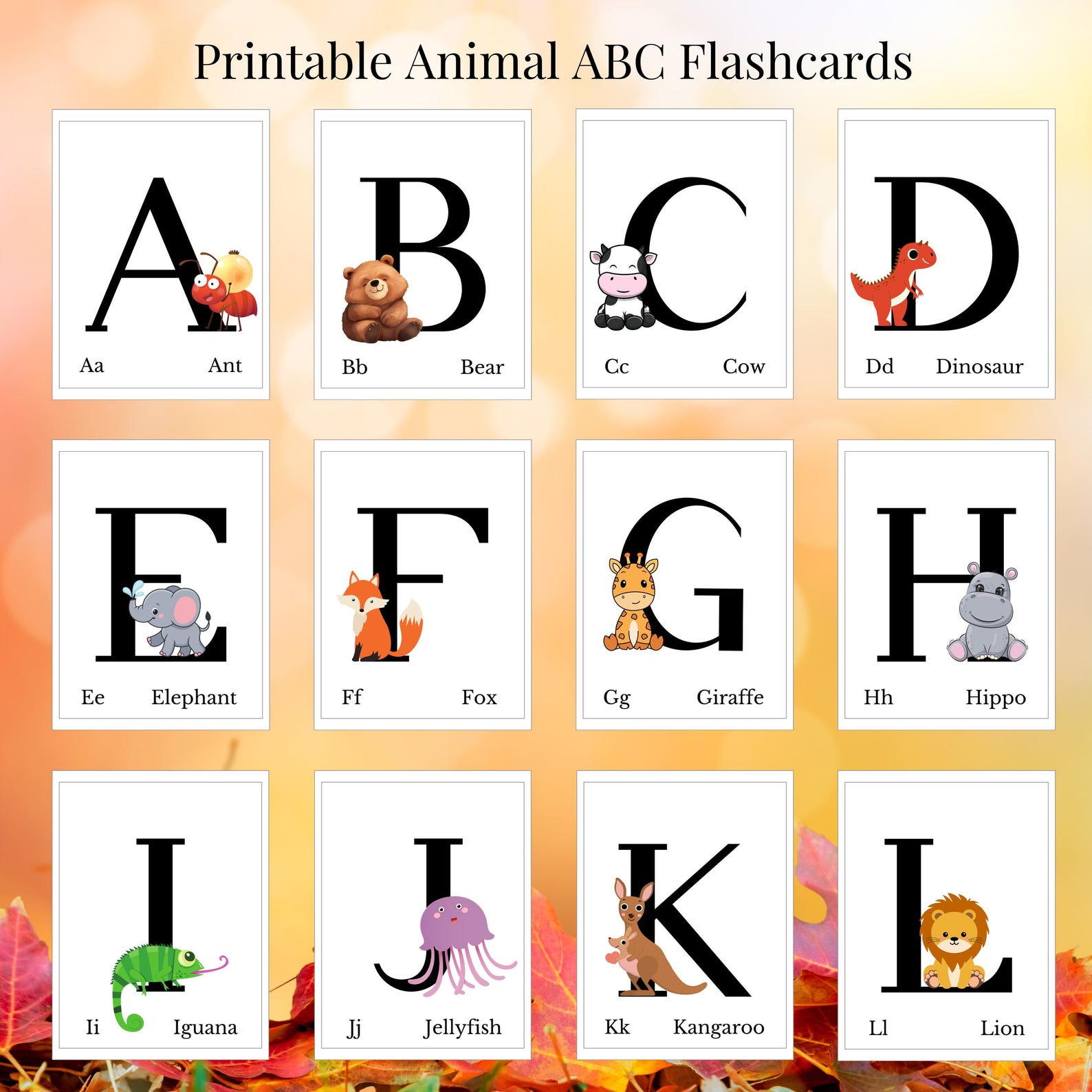 Printable Animal ABC Flashcards for Kids Educational Alphabet Flash ...