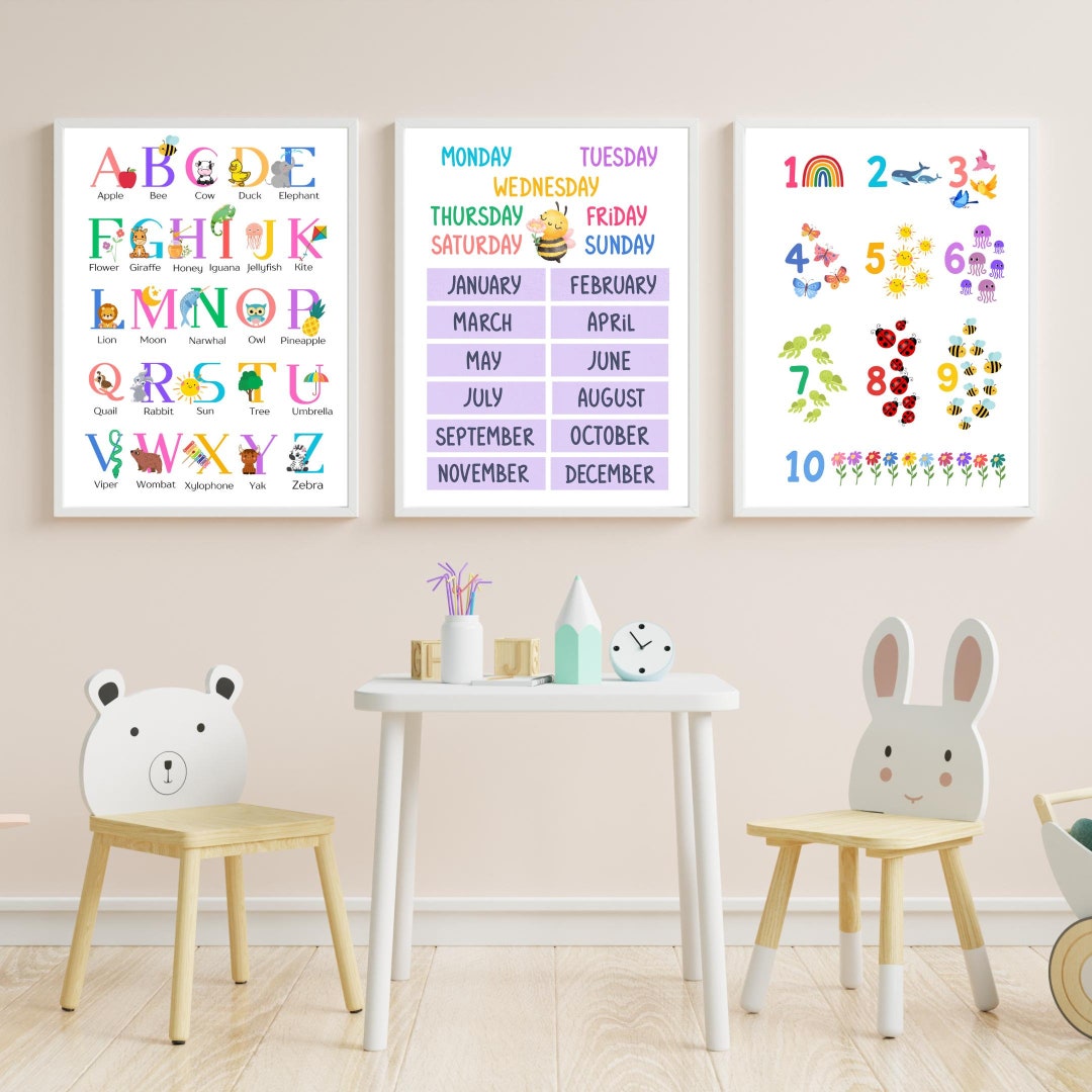 Animal Alphabet, Days & Months Chart, and Numbers Nursery Wall Art ...